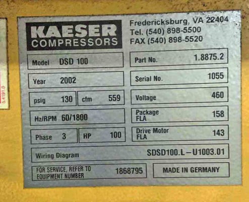 559 cfm, 130 psig, Kaeser #DSD-100, rotary screw air compressor, 100 HP ...