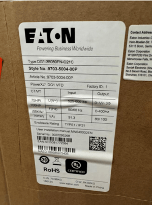75 HP Eaton, PowerXL DG1 VFD, CT 100HP VT new surplus, 600 Volts, Nema ...
