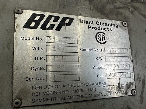 BCP #A4-7620, 3-wheel pass through blast machine, reclaim & dust ...