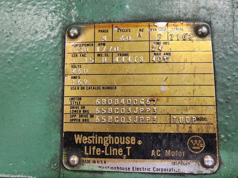150 HP 1800 RPM Westinghouse 680B400G67 TUDP, Frame 444TS, 4P, 460 ...
