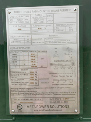 2550 KVA 13800 Delta Primary, 415/240 Secondary, WYE, Padmounted ...