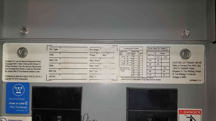 250 Amp. Westinghouse, PRL2, Panelboard, (10) breakers, 4 Wire, 3 phase ...
