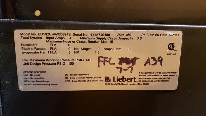 5 Ton, Liebert #BU102C-AM00894S, Chilled Water AC, 150 psig, 1.5 HP Fan ...