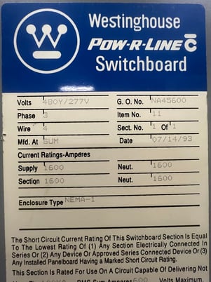 1600 Amp. Westinghouse, Pow-R-Line, Switchboard Panelboard, 3PH 4Wire ...