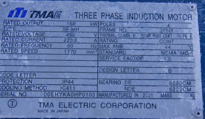 200 HP 1770 RPM Mitsubishi SF-MH, Frame 315M, 1.0 service factor, 460 ...