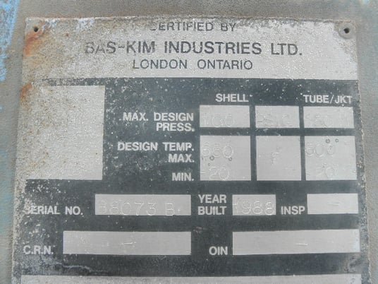 100 psi shell, 150 psi tube, Bas-Kim, Shell & Tube Heat Exchanger, 650 ...