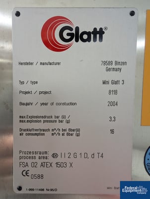 Glatt #Mini-Glatt-3, Fluid Bed Processor, Stainless Steel, 3.3 bar ...