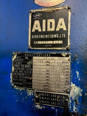 220 Ton, Aida #C7-20(1), 6" stroke, 69.9" x33" bed, 35-65 SPM, air ...