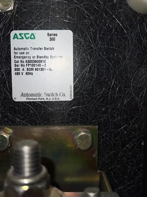 600 Amp. Asco, automatic transfer switch, 480 Volts, 60hz, 3-phase, car #A300360091C, S/N ...
