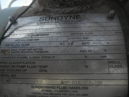 65 GPM @ 167' TDH, Sundyne #HT22C-S1NHT-02D1C, High Temp. Canned Motor ...