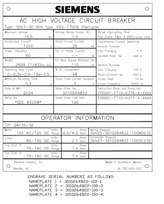 1200 Amps, Siemens, SDV 7 service factor 6 breaker with type VSS17006 inter SDV7 SF6 breaker ...