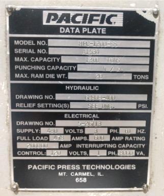 1200 Ton, Pacific #HPC-1200-SS, hydraulic press, 18" stroke, 58 ...