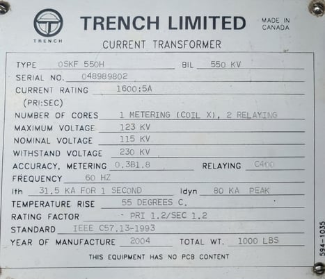 115 KV Trench / CT / OSKF 550H / 1600:5A, Ratio: 0.3B1.8 Metering / 2 x ...