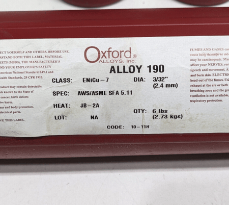 Welding Rods/Electrodes, Oxford Alloys, Alloy 190, ENiCu-7, Monel, 3/32" diameter, (8) 6 lb ...