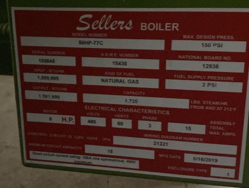 50 HP Sellers #50HP-77C, steam boiler set up for natural gas, 2019 For ...