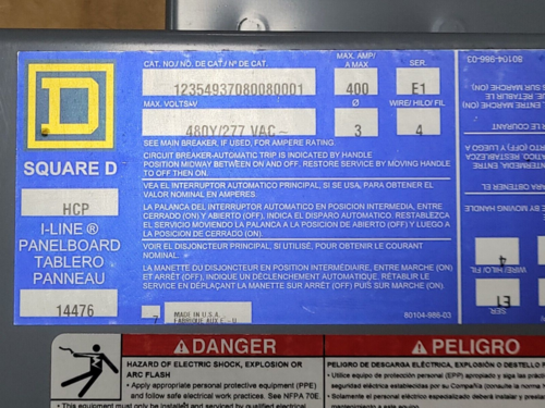 400 Amp. Square D, HCP, I-Line Panelboard, 480Y/277 Volts AC 3 Phase 4 ...
