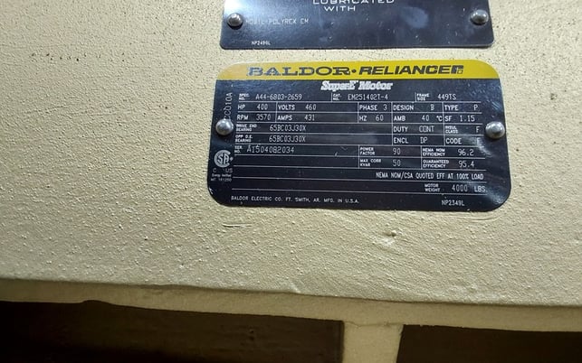 400 HP 3570 RPM Baldor-Reliance Super E, Frame 449TS, DP, continuous ...