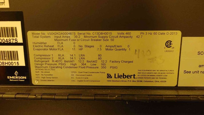 12 Ton, Liebert #VS042KDA000487S, CRAC Unit, Glycol Upflow, R-407C, 364 ...