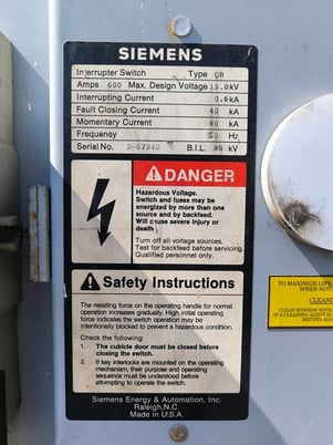 600 Amp. Siemens, QR, Interrupter Switch, 15 kV 3 Pole A155F2D0R0-150E ...