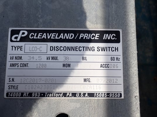 1200 Amp. Cleveland /Price, LCO-C, 34.5 KV, Cat No: C102A230G11 ...