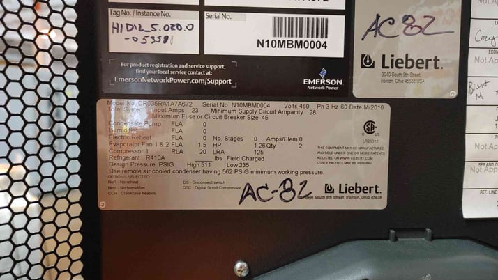 10 Ton, Liebert #CR035RA1A7A672, CRAC In-Row Unit, Air Cooled, R410A ...