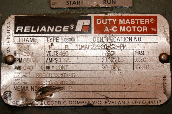 100 HP 900 RPM Reliance, Frame 445T, DP, BB, 460 Volts for Sale ...