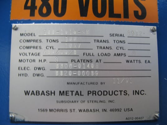 100 Ton, Wabash, 17" x15" (15" x15" steel plates), up-act, 5.5" -15.5 ...