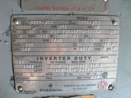 500 HP 1800 RPM U.S. Motors, Frame 5010S, Drip-Proof Ball Bearing, 460 ...