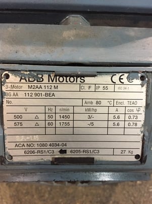 5 HP 1755 RPM ABB, Frame 112M, 5.6 amp, 575 V.(2) Atlas Copco 1080-4034 ...