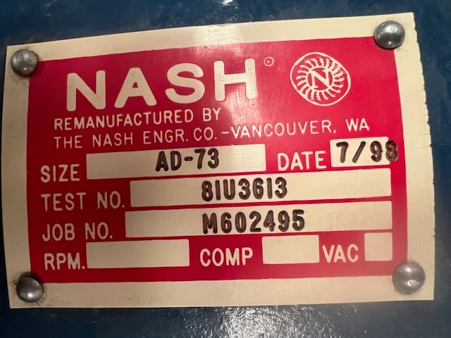 75 cfm @ 80 psi, Nash AD-73, vacuum pump / compressor, 3550 RPM for ...