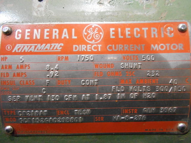 5 HP 1800 RPM General Electric, Frame 218AT, DPFG-SV, 500 VA, 150/300 ...