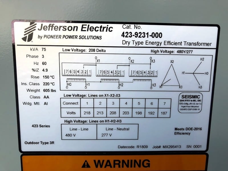 75 KVA 208 Delta Primary, 480Y/277 Secondary, Step Up, Factory New ...
