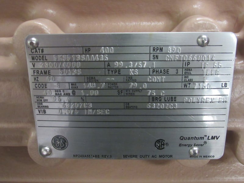 400 HP 900 RPM General Electric, Frame 5012/5013S, TEFC, BB, new, 2300/ ...