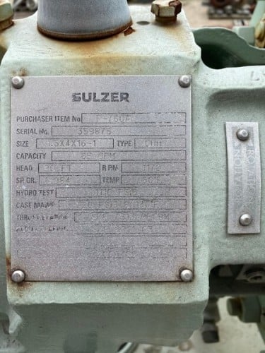 65 GPM @ 90' TDH, Sulzer, 1 1/2 x 4 x 16-1 OHH, 1170 RPM, unused, #2792 ...