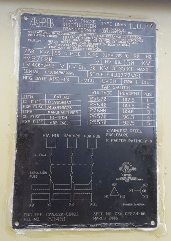 750 KVA 27600 Delta Primary, 460Y/266 Secondary, ABB, pad, copper ...
