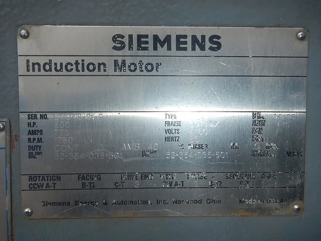 600 HP 1800 RPM Siemens, Frame 5013YZ, TEFCSB, 4160 Volts for Sale ...
