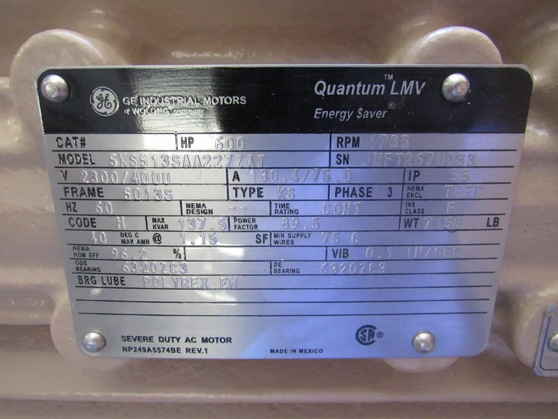 600 HP 1800 RPM General Electric, Frame 5012/5013S, TEFC, BB, new, 2300 ...