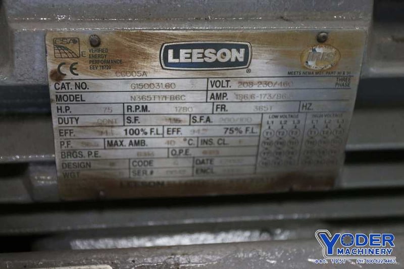 75 HP 1780 RPM Leeson, Frame 365T, TEFC, cont duty, 208-230/460 Volts ...