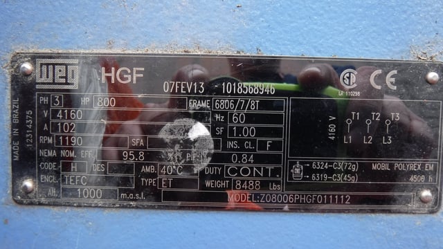 800 HP 1200 RPM Weg, Frame 6806/7/8T, TEFC BB, new surplus, 4160 Volts ...