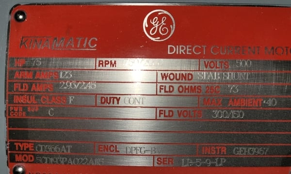 75 HP 1750/2000 RPM General Electric, Frame CD366AT, BB, DPFG-BV, new ...
