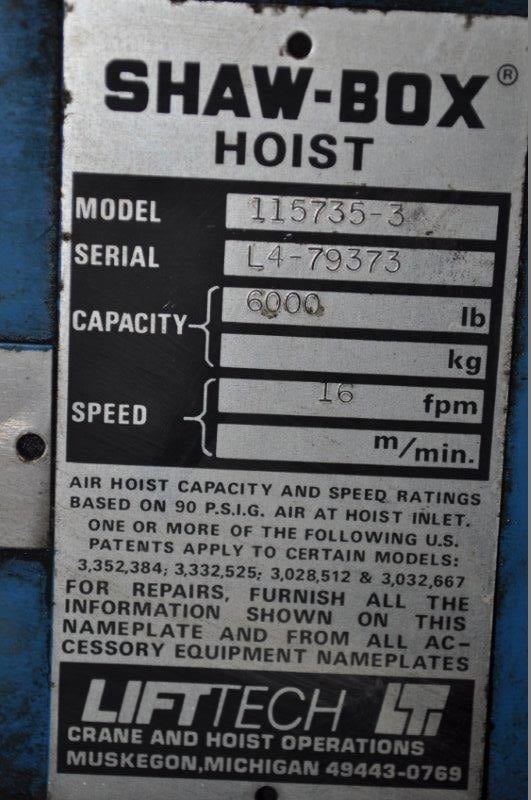 3 Ton, Shaw-Box #115735-3, crane hoist, 25' lift height, manual trolley ...
