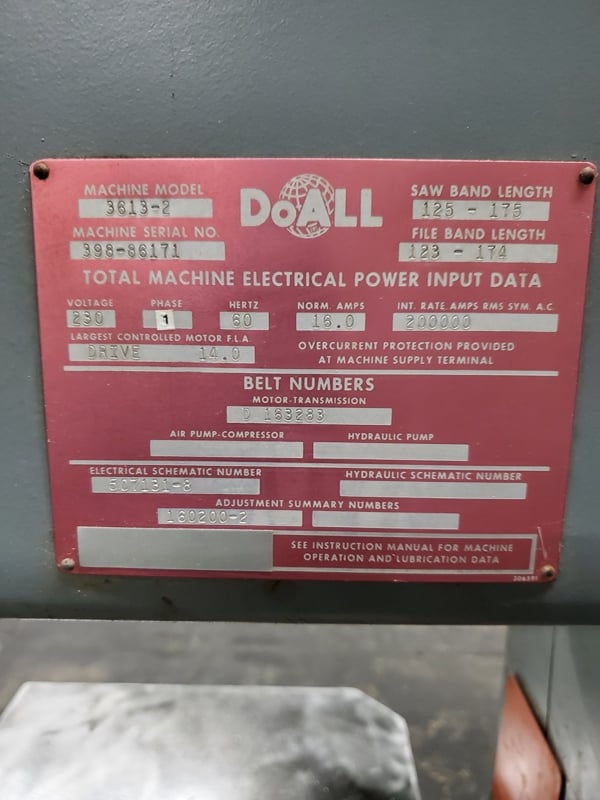 36" x 13" DoAll #3613-2, vertical band saw, 1" x 175" blade, 30" x24 ...