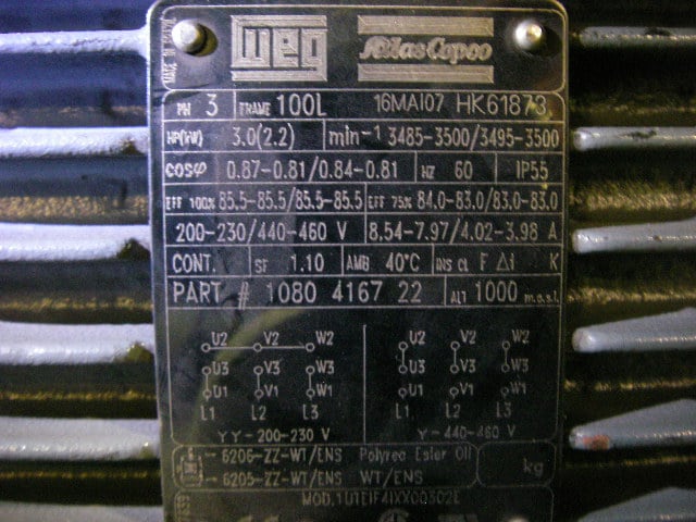 3 HP 3500 RPM Weg, Frame 100L, TEFC, 200-230/440-460 Volts for Sale ...