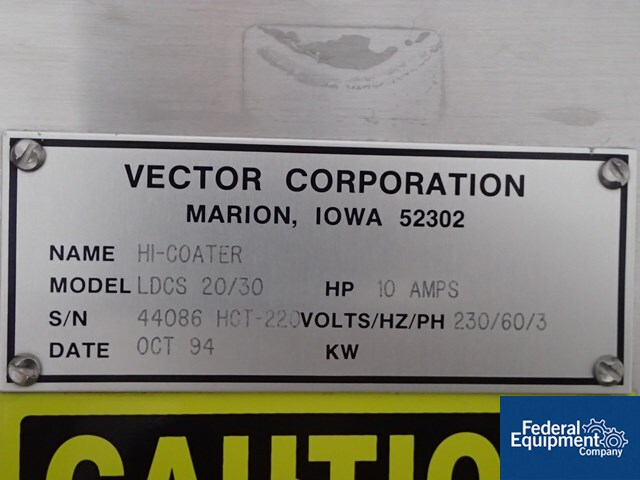 12" Vector Hi-Coater #LDCS 20/30, Stainless Steel coating pan, HMI ...