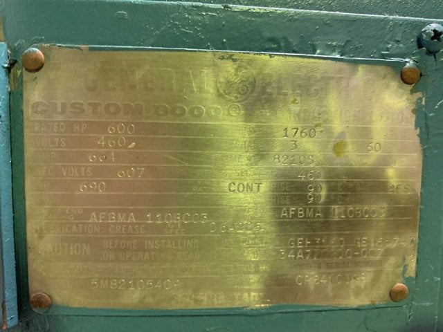 600 HP 1760 RPM General Electric, Frame 8210S, Drip-Proof Ball Bearing ...