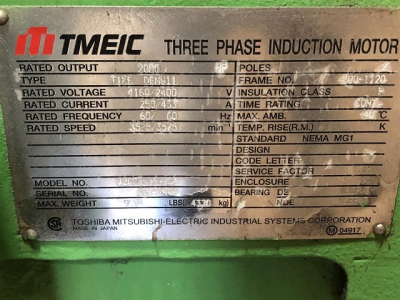 2000 HP 3600 RPM Toshiba, Frame 400-1120, weather protected enclosure ...