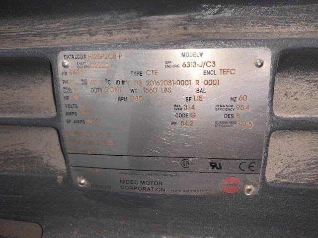 125 HP 1785 RPM U.S. Motors, Frame 444T, TEFC, 460 Volts (2 available ...