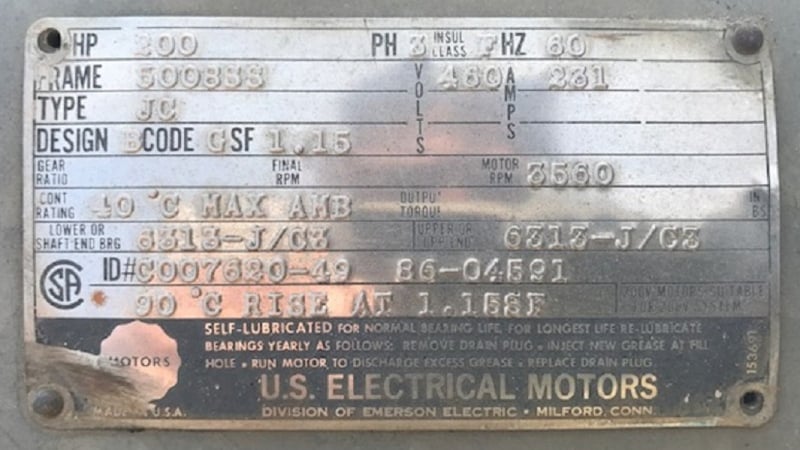 200 HP 3600 RPM U.S. Motors, Frame 5008SS, TEFC, new surplus, 460 Volts ...