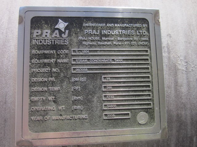 2527 gallon 14 psi, 71" diameter x 144" straigtht side, Praj ...