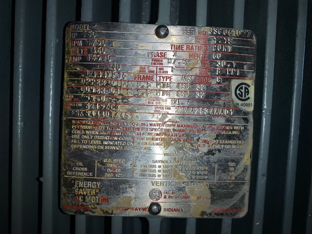 150 HP 1790 RPM General Electric, Frame L444VP16, WPIBB, 460 Volts For ...